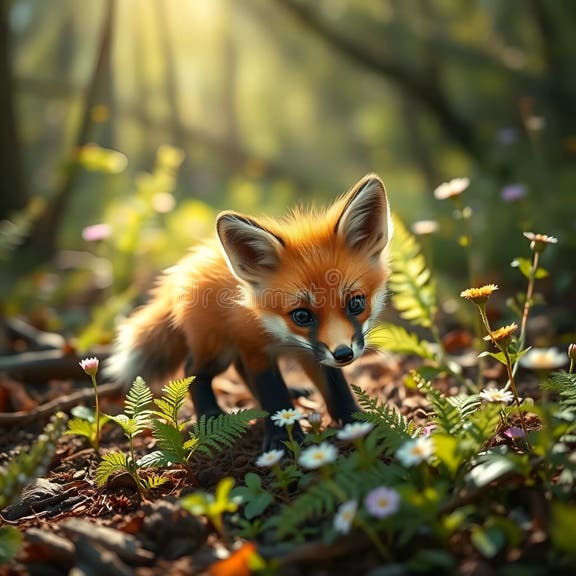 A Curious Fox Kit Surrounded by Delicate Flowers, Basking in Warm ...