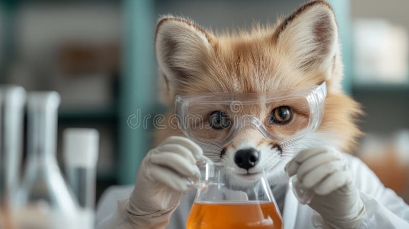 Curious Fox in Lab Coat Conducting Experiment with Flasks and Beakers ...