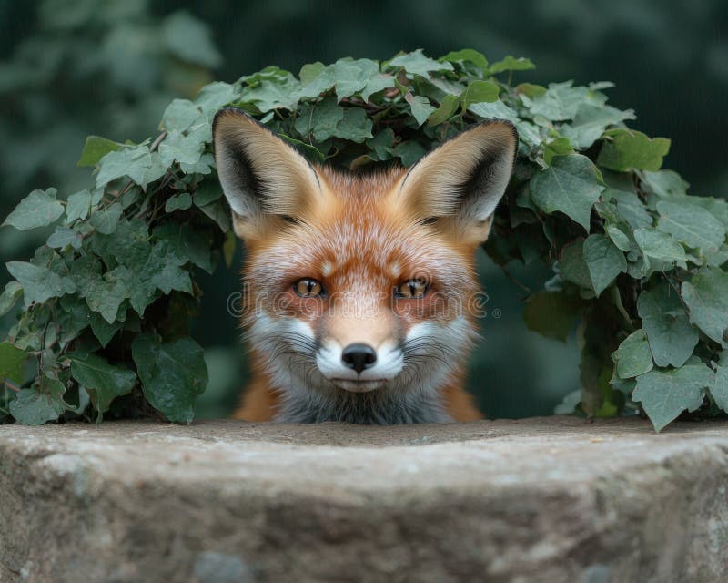 Curious Fox Peeking through Foliage Stock Illustration - Illustration ...