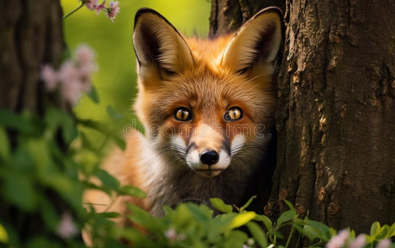 Curious Fox Peeking Out from Behind a Tree, AI Generative Stock ...