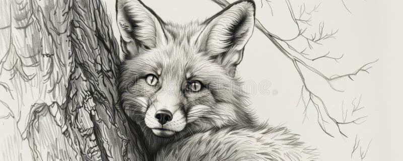 Curious Fox a Fox Peeking Out from Behind a Tree, Its Inquisitive Eyes ...