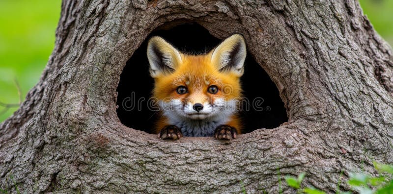 A Curious Fox is Peeking Out from a Tree Hollow in a Peaceful Forest ...