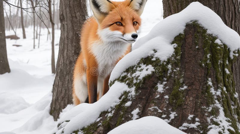 Curious Fox Peering Out from Behind a Tree in a Snowy Forest. Stock ...