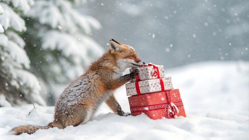 Curious Fox Playing with Gift Boxes in Winter Wonderland Stock ...