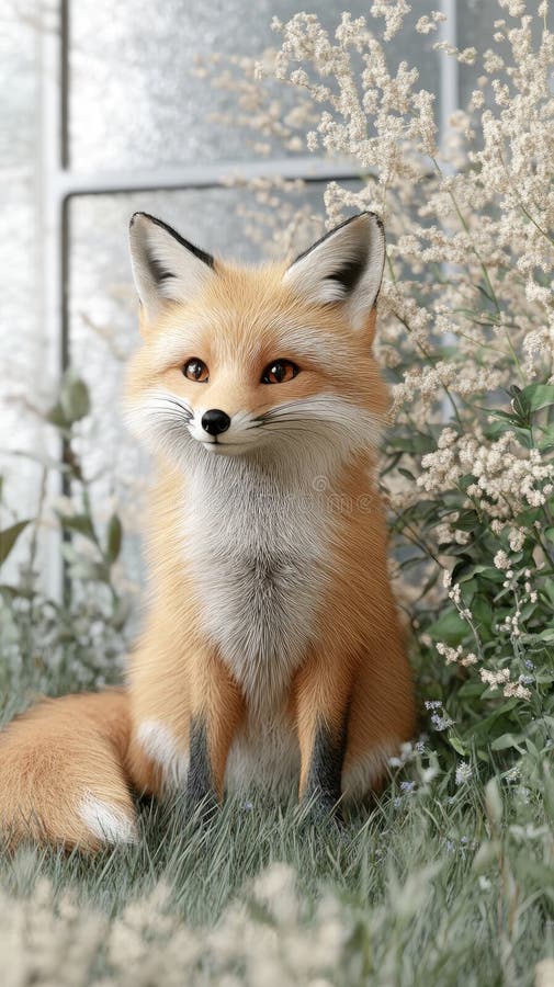 A Curious Fox Rests on the Grass, Gazing at a Reflective Silver Panel ...