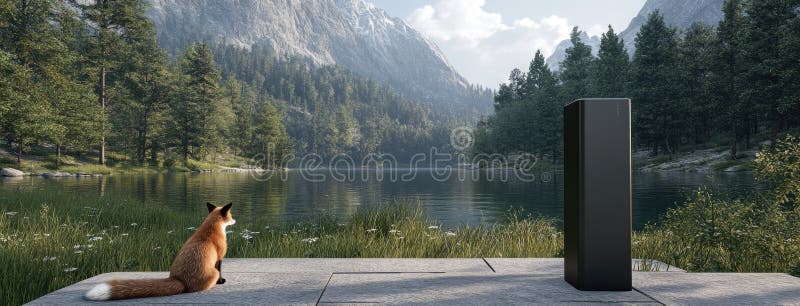 A Curious Fox Rests on the Grass, Gazing at a Reflective Silver Panel ...