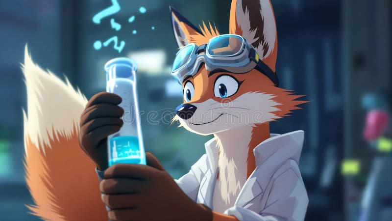 Curious Fox Scientist Examining a Glowing Blue Liquid in a Beaker ...