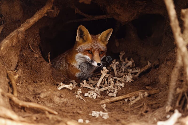 A Curious Fox Sitting in a Hole Surrounded by Animal Bones Stock Photo ...
