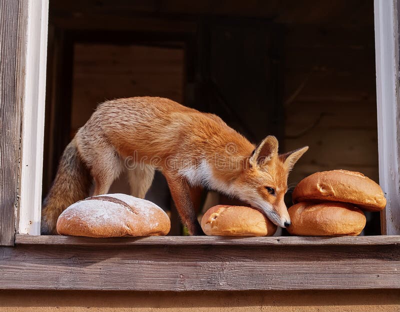 A Curious Fox Sniffing Fresh Bread Loaves Cooling on a Windowsill of a ...