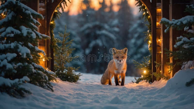 Red Fox in Magical Winter Wonderland at Sunset Stock Illustration ...