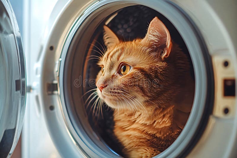 Curious Ginger Cat Exploring Inside Washing Machine Stock Photo - Image ...