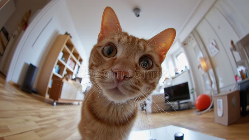 Curious Ginger Cat Looking at Camera on Wooden Floor, Indoors Stock ...