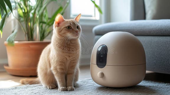 Curious Ginger Cat Observing a Modern Technological Device in a ...