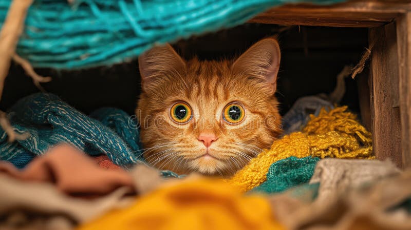 Curious Ginger Cat Peeking from Colorful Cozy Blankets Stock Photo ...