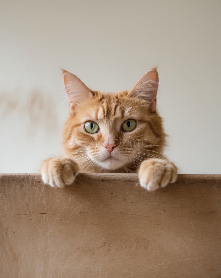 Curious Ginger Cat Peeking Over Wooden Cutting Board with Paws Stock ...