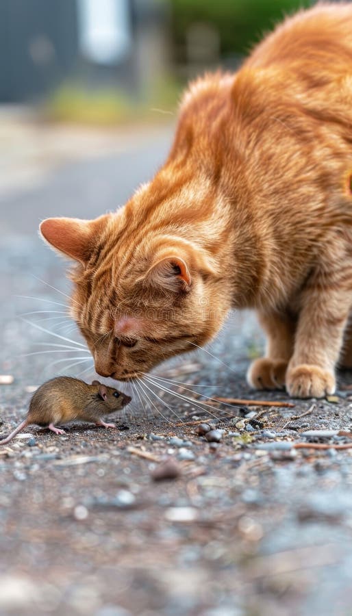 Curious Ginger Cat Stalking a Small Field Mouse Outdoors in a Friendly ...