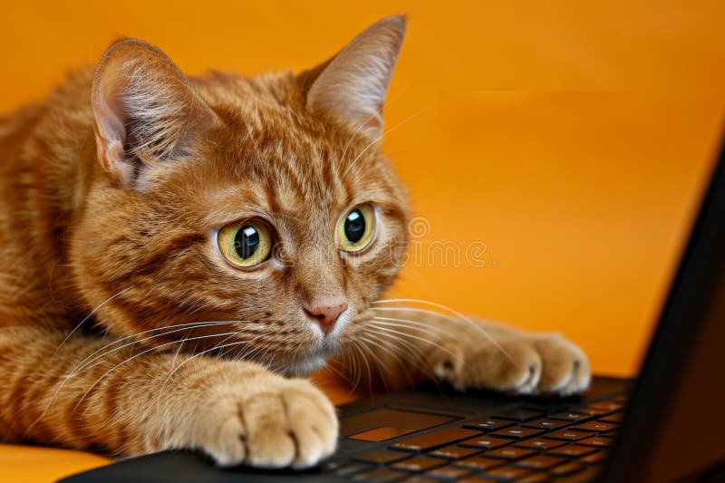 Curious Ginger Cat Watches Laptop Screen. Pet Using Computer Keyboard ...