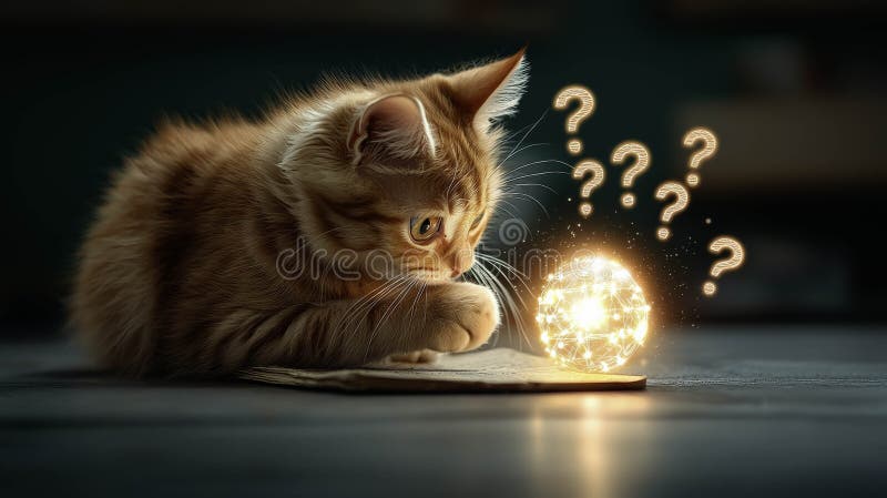 Curious Orange Kitten Stares at Glowing Orb Surrounded by Question ...