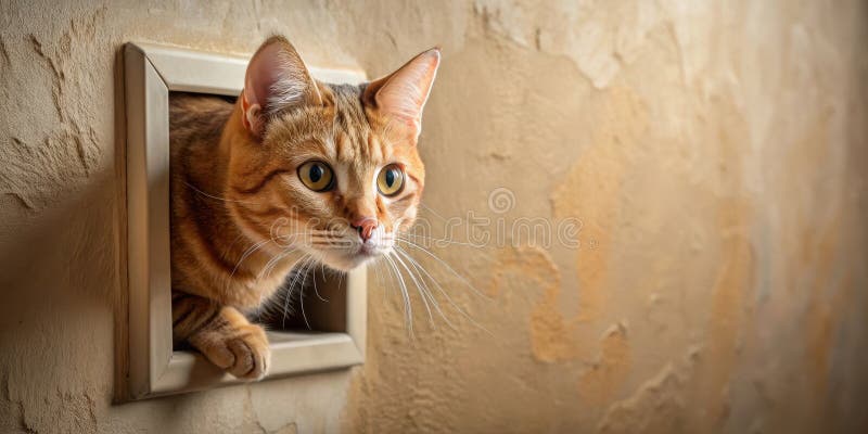 Curious Ginger Tabby Cat Peering through a Small Square Opening in a ...