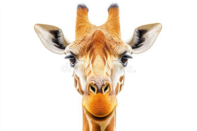 A Close-up of a Giraffes Face Against a Plain White Background Looking ...