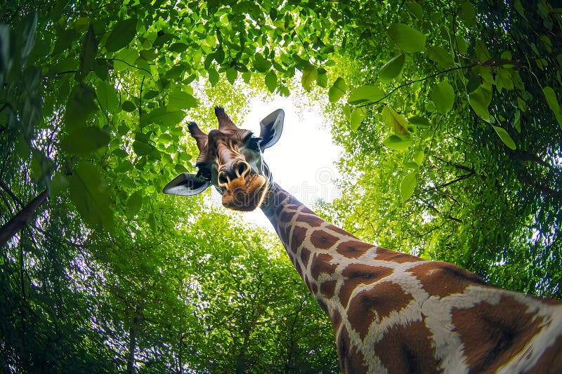 Curious Giraffe Looking Down from Green Trees Canopy Stock Photo ...