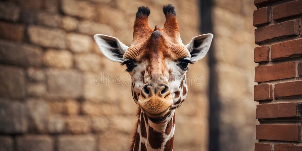 Curious Giraffe Peeking Behind Brick Wall at Zoo. Stock Photo - Image ...