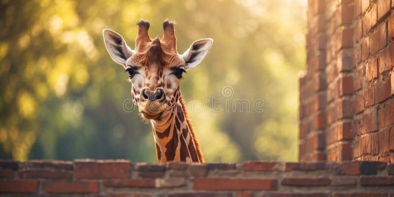 Curious Giraffe Peeking Over a Brick Wall in Sunlight. Stock Image ...