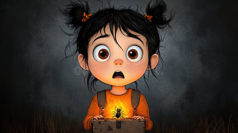 Curious Girl Looking Surprised at a Glowing Box Dark Background Stock ...
