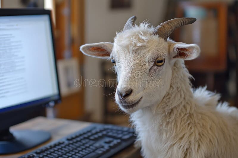 Curious Goat Explores Modern Technology, Sitting at a Desk and ...