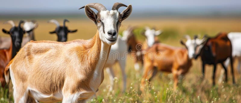 Curious Goat Looking Directly at the Camera in a Field with Other Goats ...