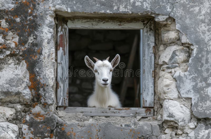 Curious Goat Peeking through an Old Window Stock Illustration ...