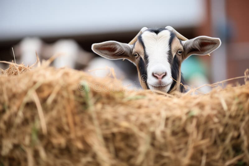 Curious Goat Peeking Over Stacked Hay Wall Stock Image - Image of ...