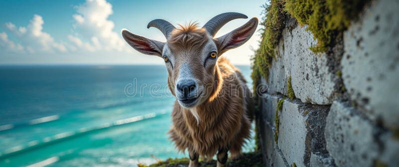 Curious Goat Peeks Over Stone Wall with Scenic Coastal View in the ...