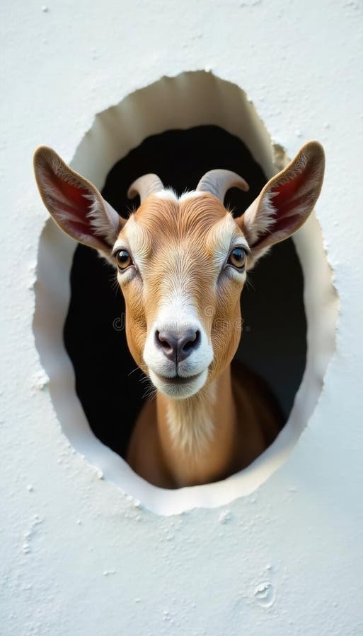 Curious Goat Peering through Hole in White Wall, Curious, Nature ...