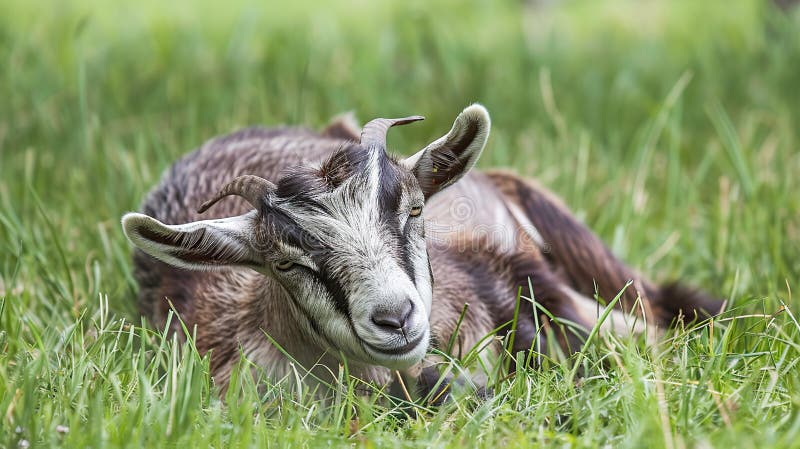 A Curious Goat Resting in the Grass Stock Illustration - Illustration ...