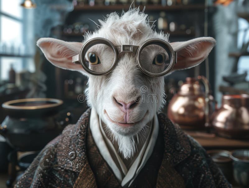 Curious Goat Wearing Glasses in a Rustic Setting Stock Illustration ...