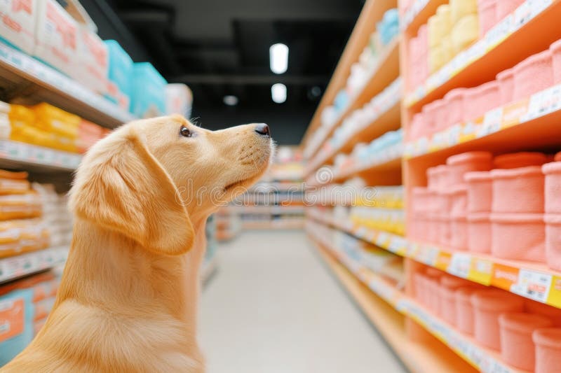 A Curious Golden Retriever Exploring a Brightly Colored Pet Supply ...