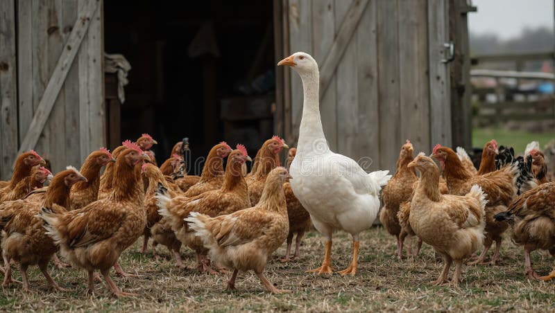 Curious Goose Leading Chickens in Yoga Class on Farmyard Stock ...