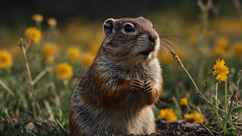 A Curious Gopher Standing Tall in a Field of Yellow Flowers Stock ...