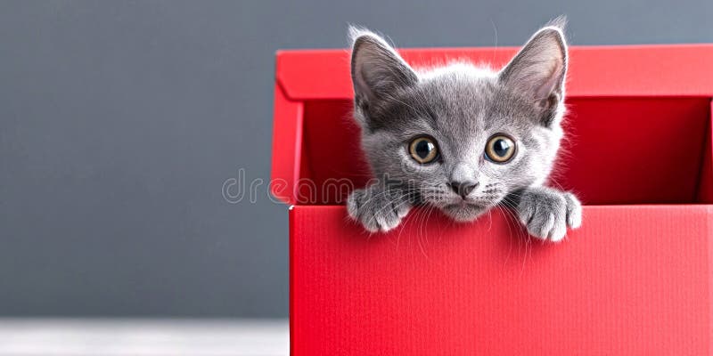 A Curious Gray Kitten Peeks Out from a Bright Red Box. the Playful ...