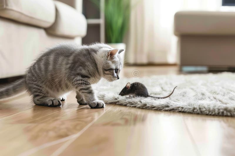 Curious Gray Tabby Cat Squatting and Staring at a Small House Mouse ...
