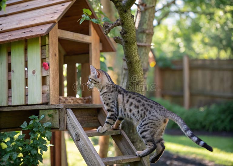 A Curious Gray Tabby Navigating the Wooden Structure with Agility and ...