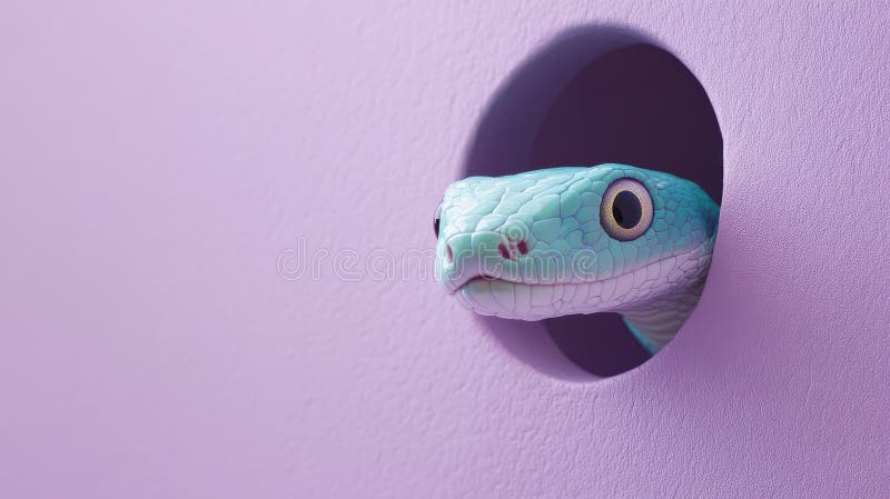 Curious Green Snake Peeking through a Circular Hole in a Purple Wall ...