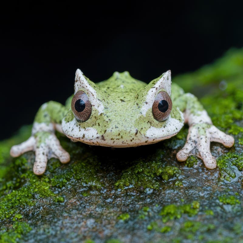 Curious Green Tree Frog on Moss-covered Rock Stock Illustration ...
