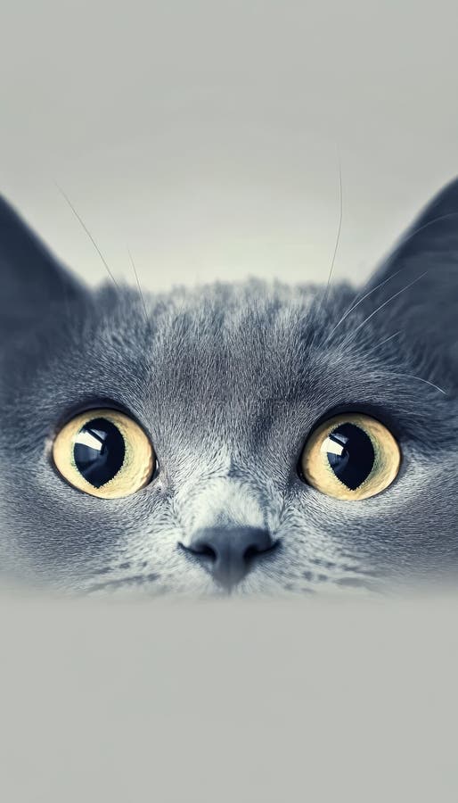 Curious Grey Cat Peeking Over, with Wide, Inquisitive Eyes and a ...