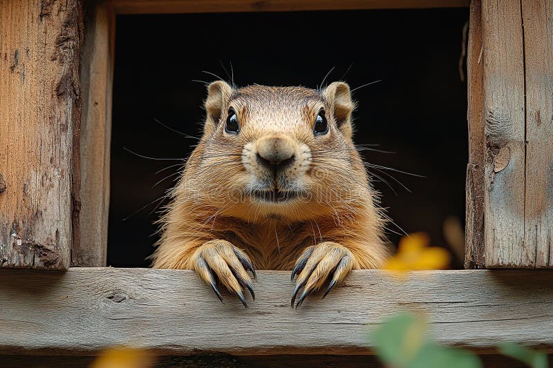 Curious Ground Squirrel Peeking Out of a Wooden Window Frame Stock ...