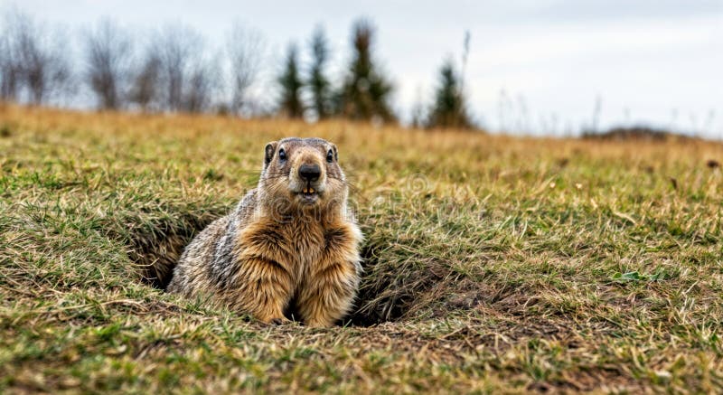 Curious Groundhog Emerging from Burrow in Field Landscape. Groundhog ...