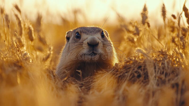 Curious Groundhog Emerging from Burrow in Golden Meadow at Sunrise ...
