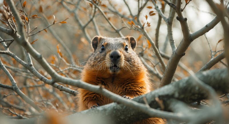 Curious Groundhog Peeking through Branches in Natural Habitat Stock ...