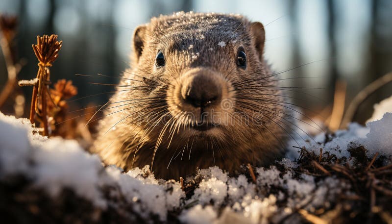 Curious Groundhog Peeking from Snowy Burrow in the Morning Light Stock ...